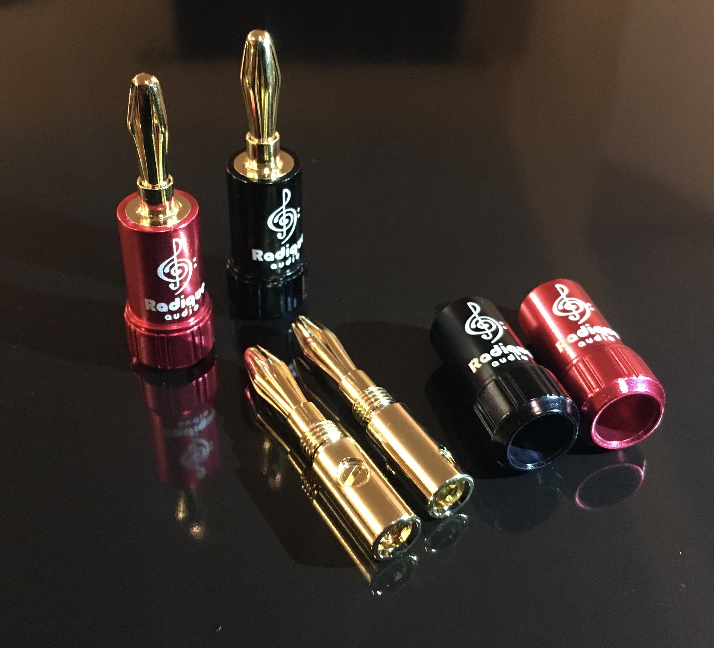 Gold Plated Banana Plugs by Radique Audio – Dual Set Screws - Radique Inc