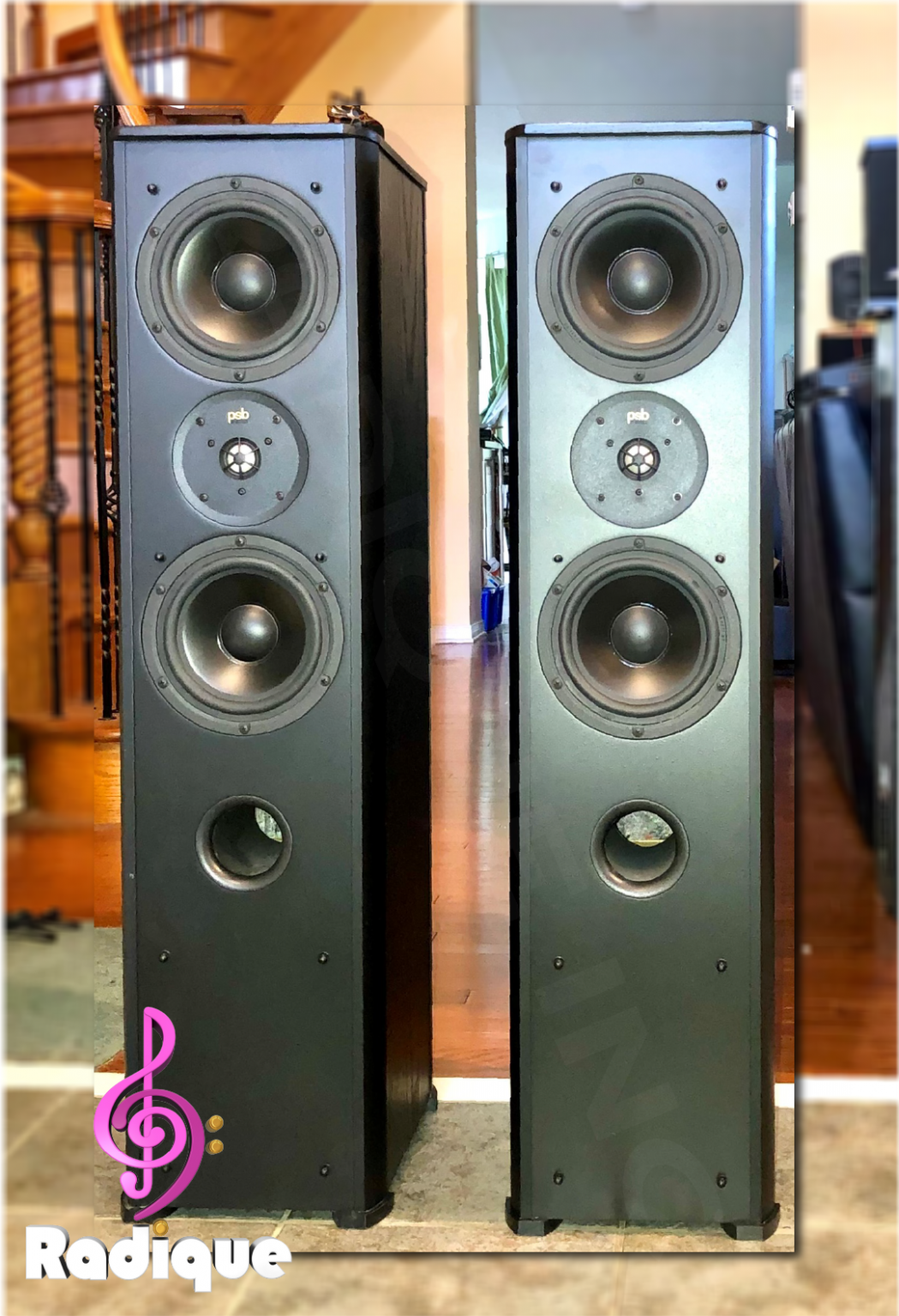 High End PSB Tower Speakers in Black Ash Stratus Silver - Radique Inc